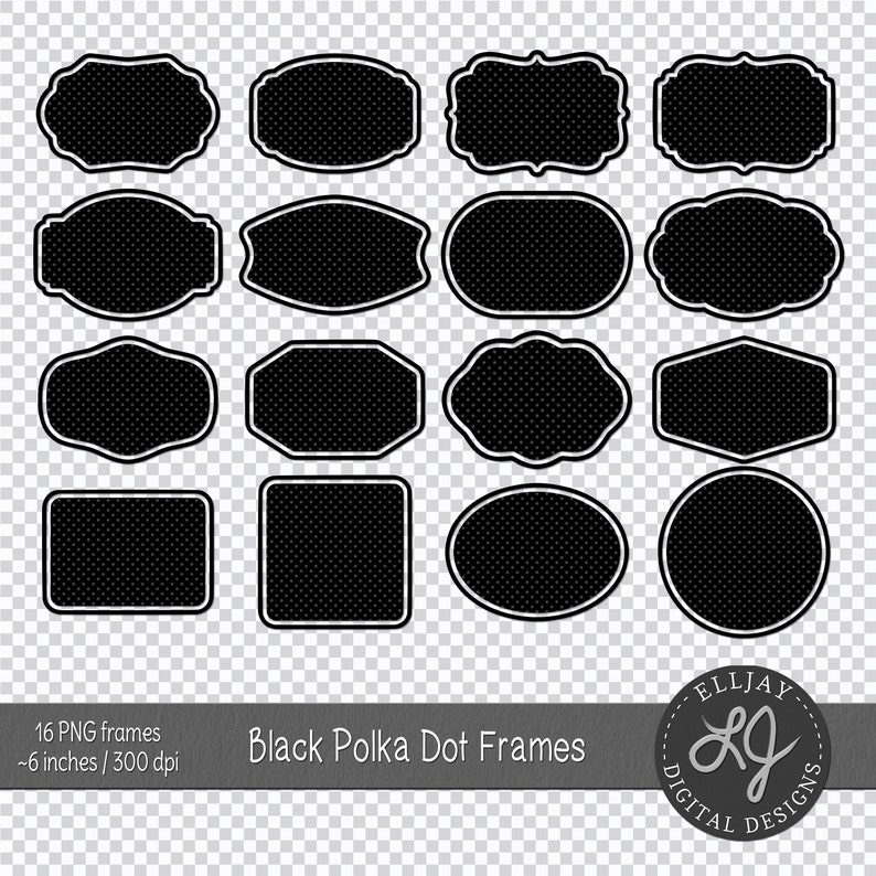 Black Polka Dot Frames Clipart: Printable Labels (PNG Digital Download ...