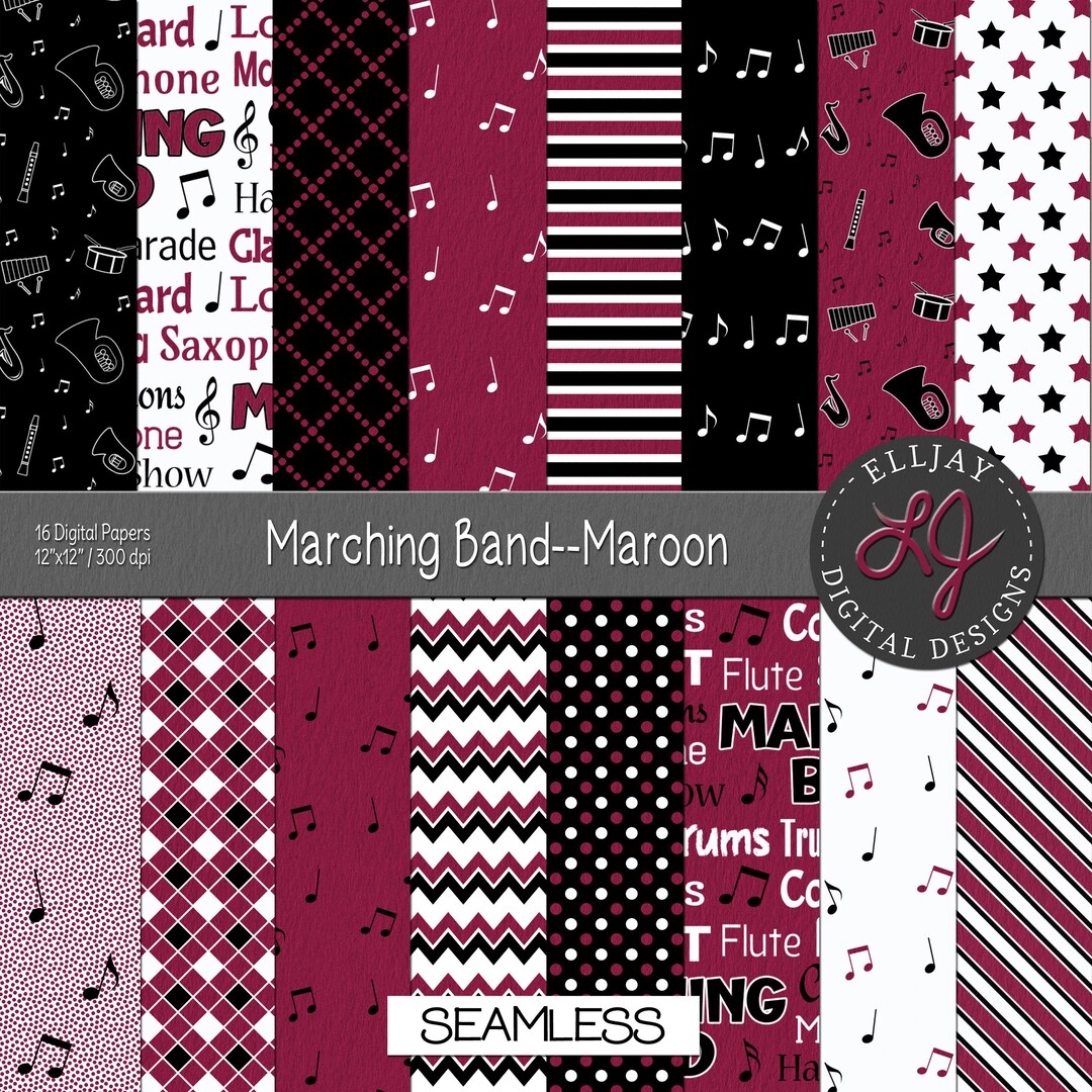 Maroon Marching Band Paper Pack: Music Notes, Instruments (digital ...