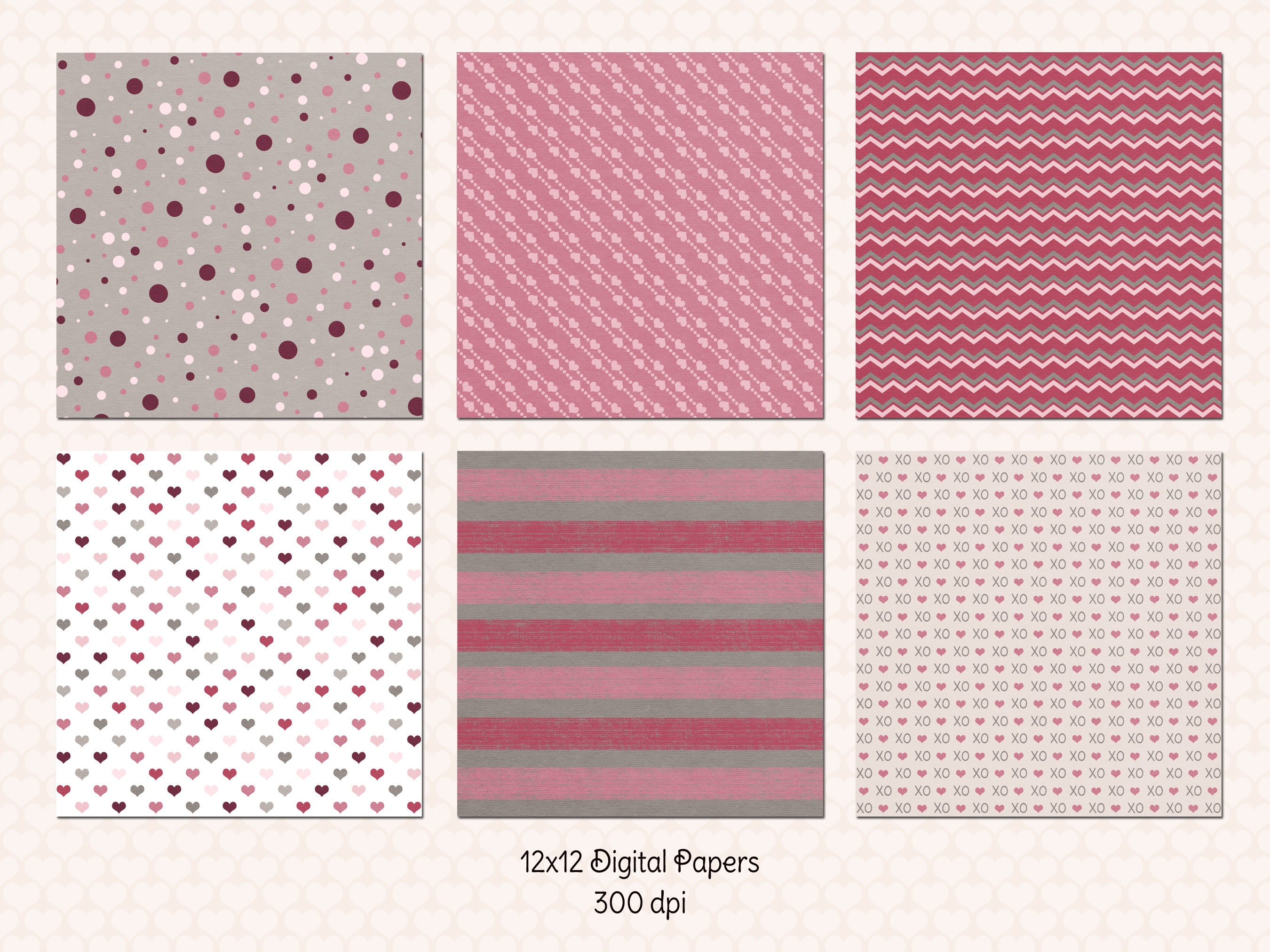 Valentine Digital Paper Pack. Pink and Gray Digital Paper. Valentine's ...