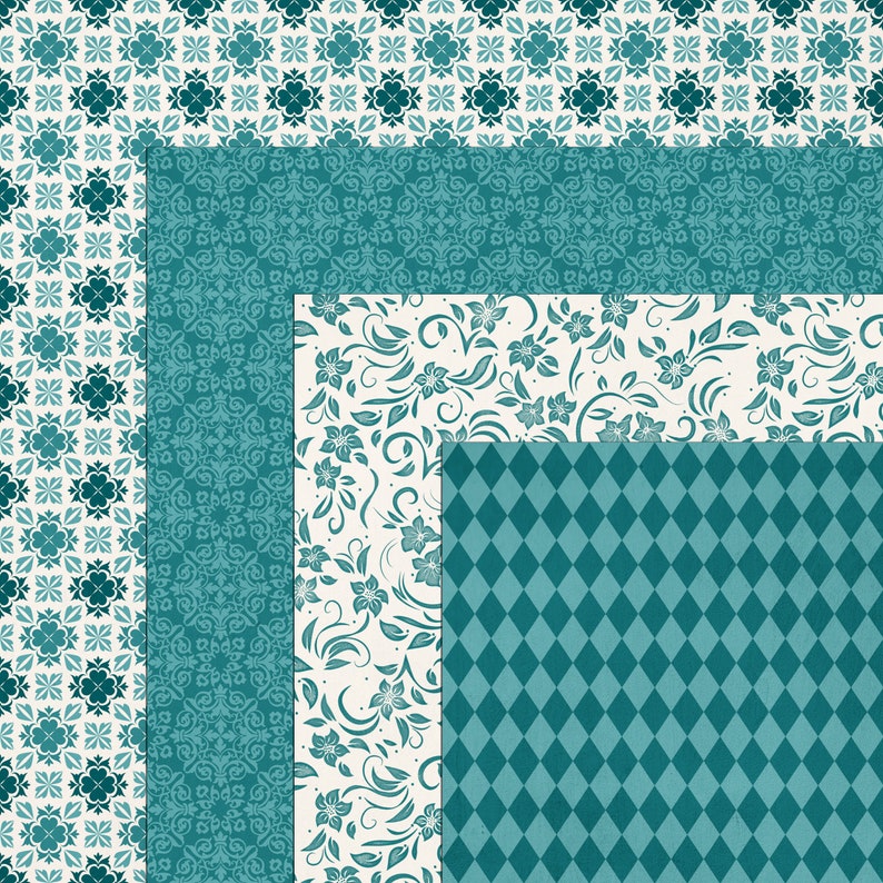 Vintage Teal Digital Paper Pack: Floral Damask Patterns (digital ...