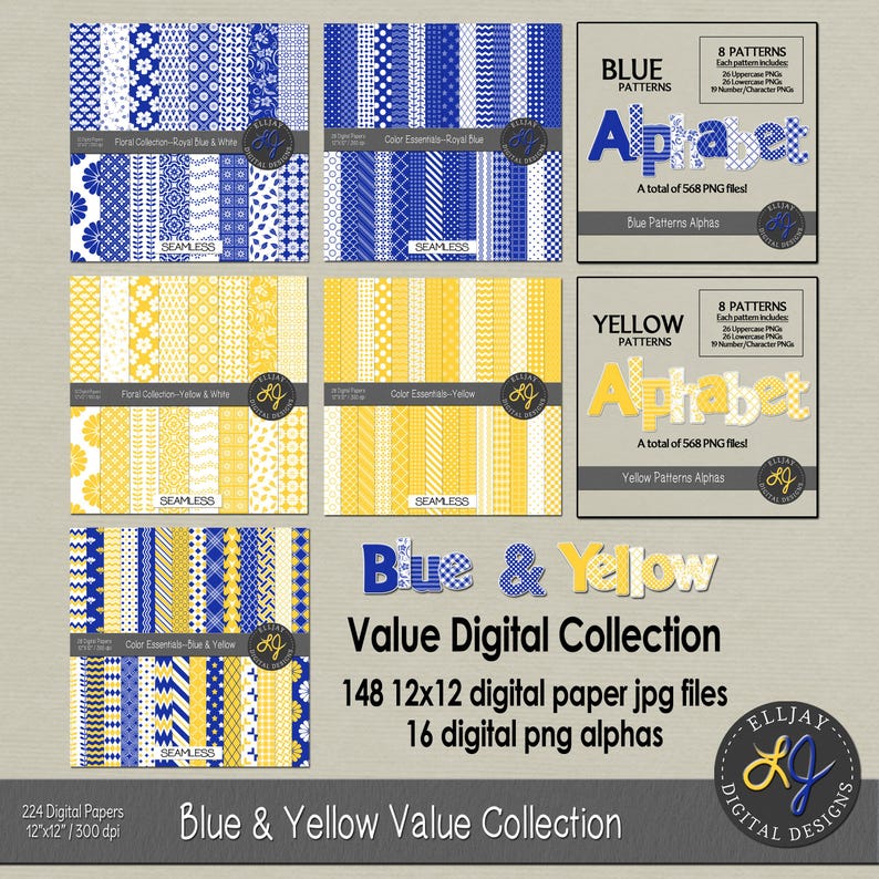Blue and Yellow Digital Paper Pack, Seamless Patterns and Alphas ...