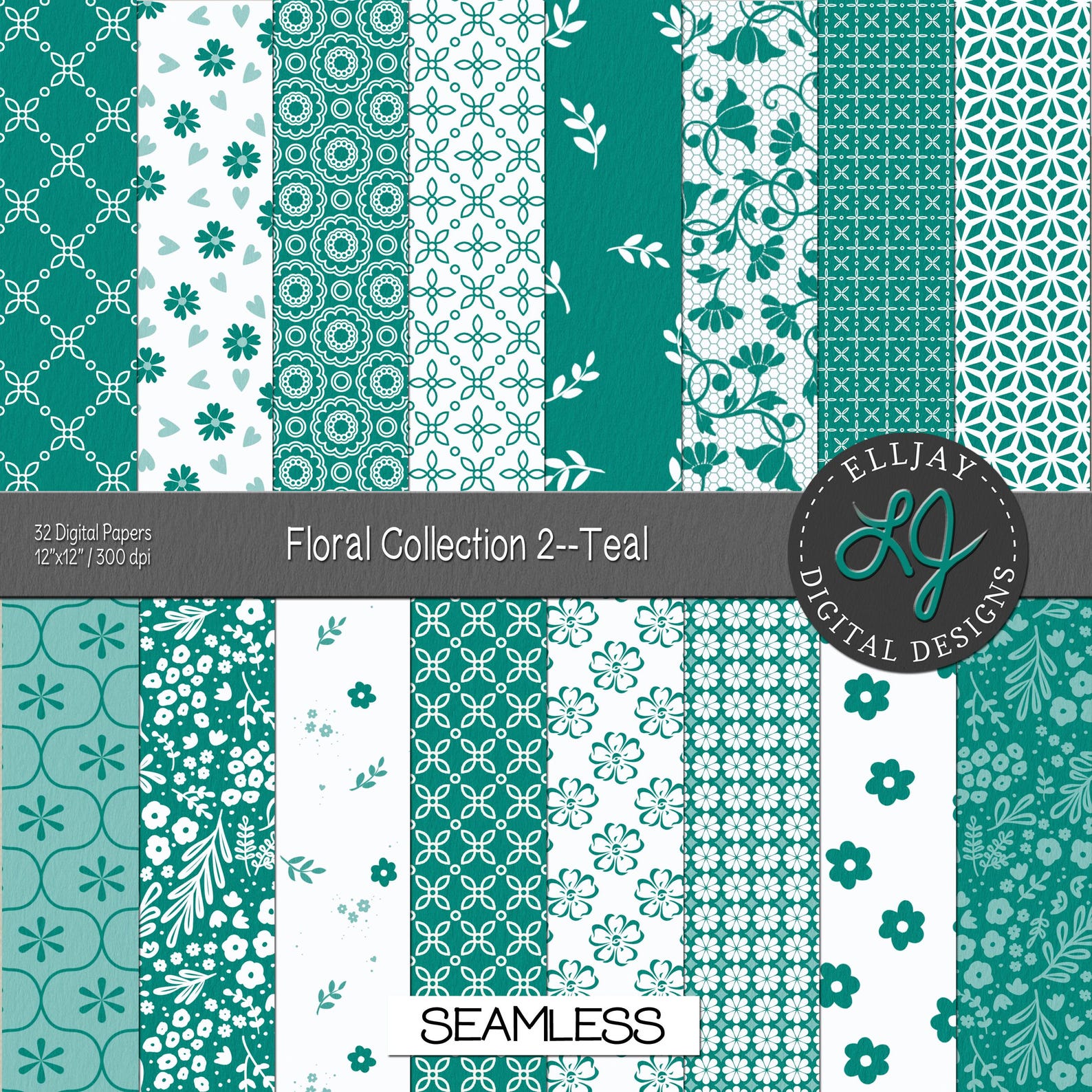 Teal Digital Paper Pack, Seamless Patterns and Alphas (digital Download ...
