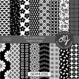 Black & White Floral Digital Paper Pack. 32 Black and White Patterns ...