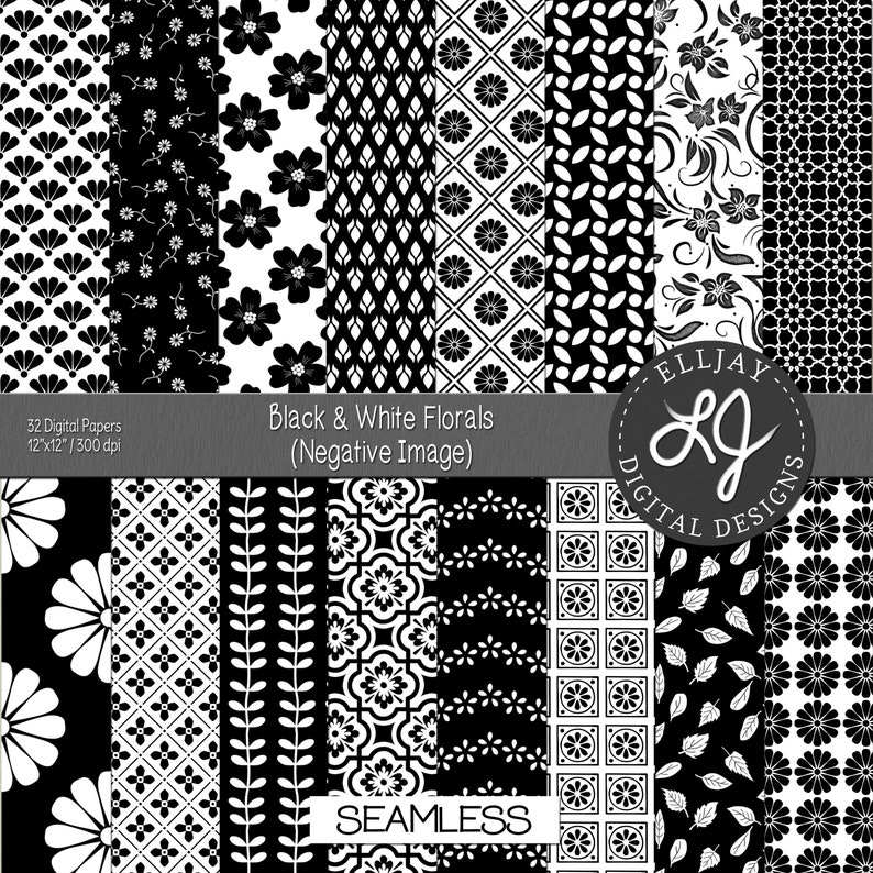 Black & White Floral Digital Paper Pack: 32 Seamless Patterns (digital ...