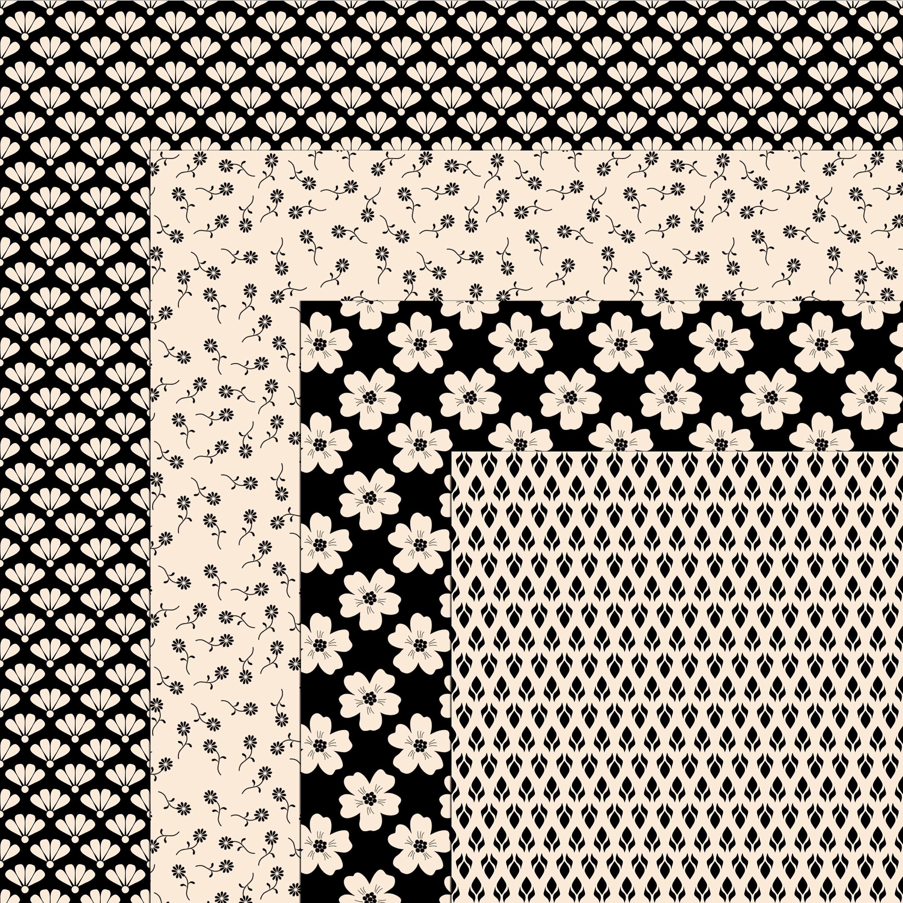 Black & Cream Floral Digital Paper Pack, Seamless Scrapbook Backgrounds ...