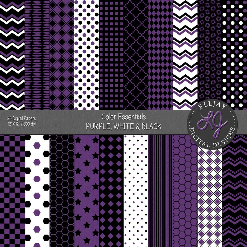 Black, White and Purple Digital Paper Pack. for Backgrounds ...
