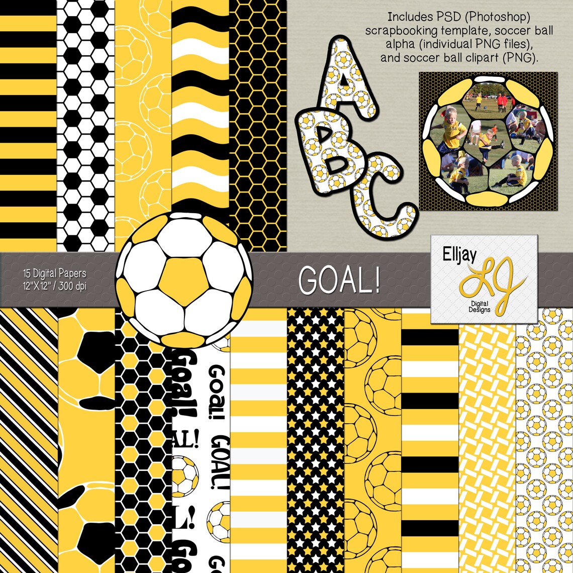 Yellow and Black Soccer Digital Paper. Yellow Soccer Ball Alpha. Soccer ...