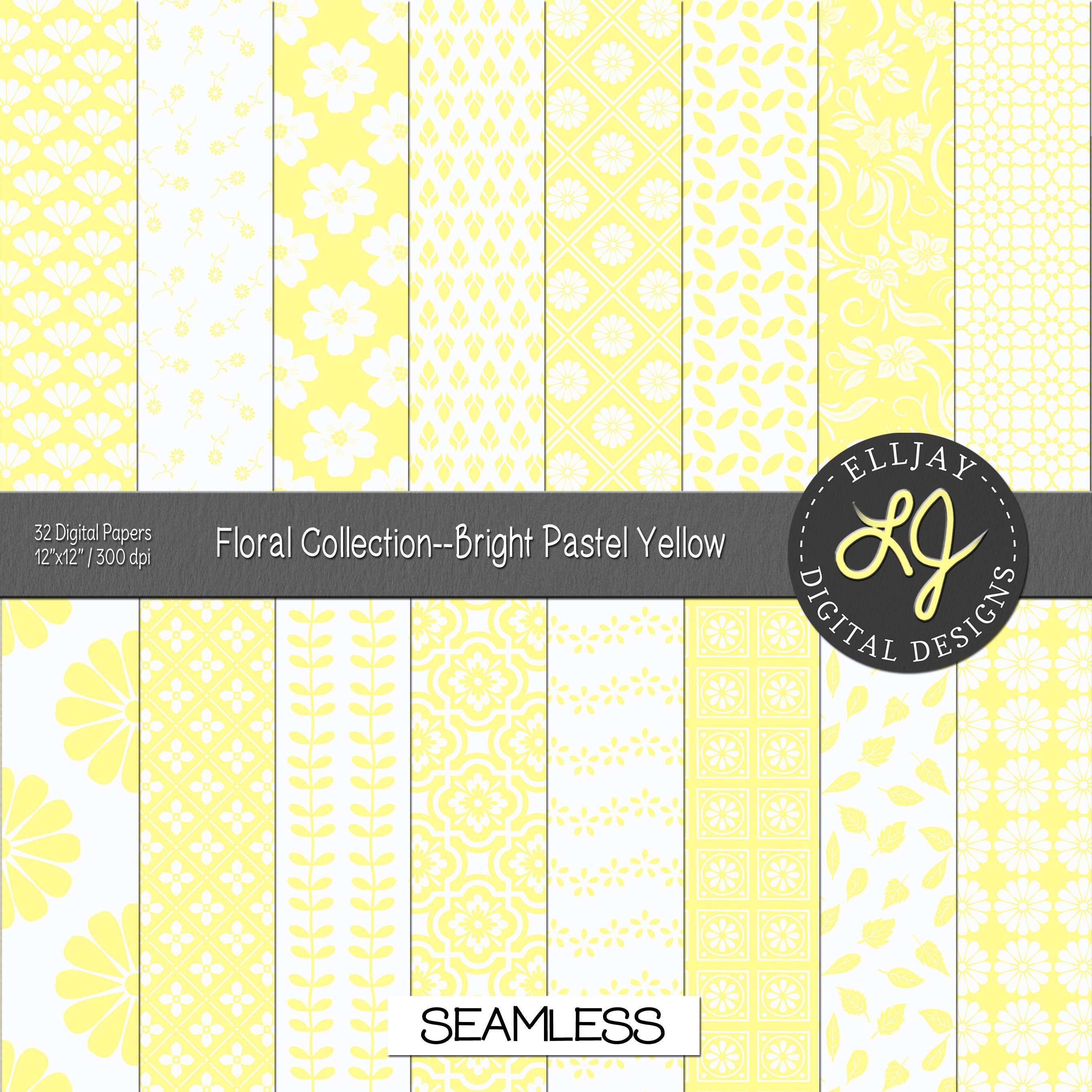 Pastel Yellow Floral Digital Paper Pack: 32 Seamless Patterns (instant ...