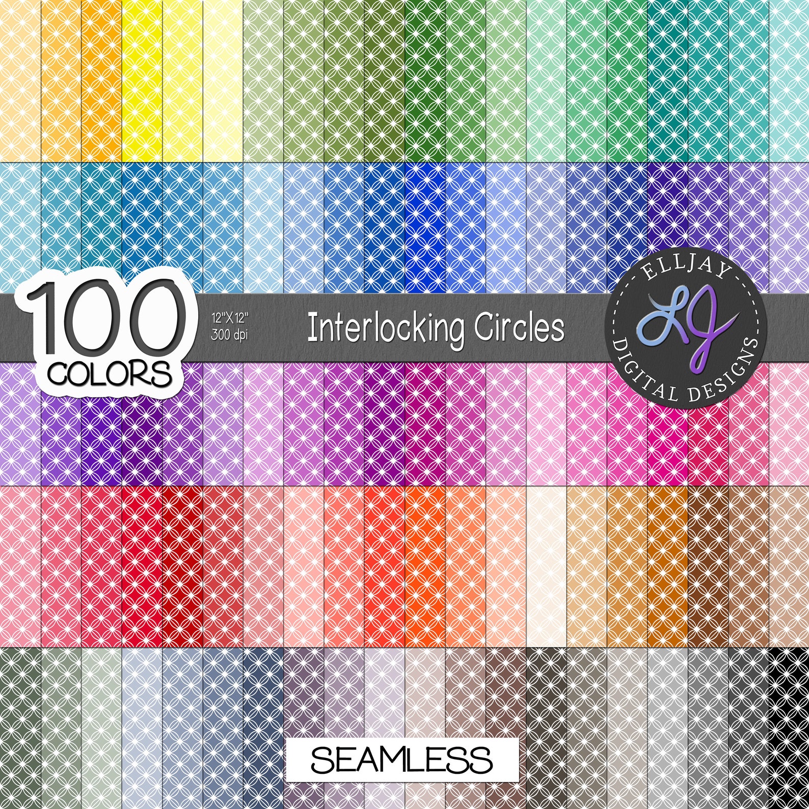 Rainbow Interlocking Circle Digital Paper: 100 Colors (digital Download ...