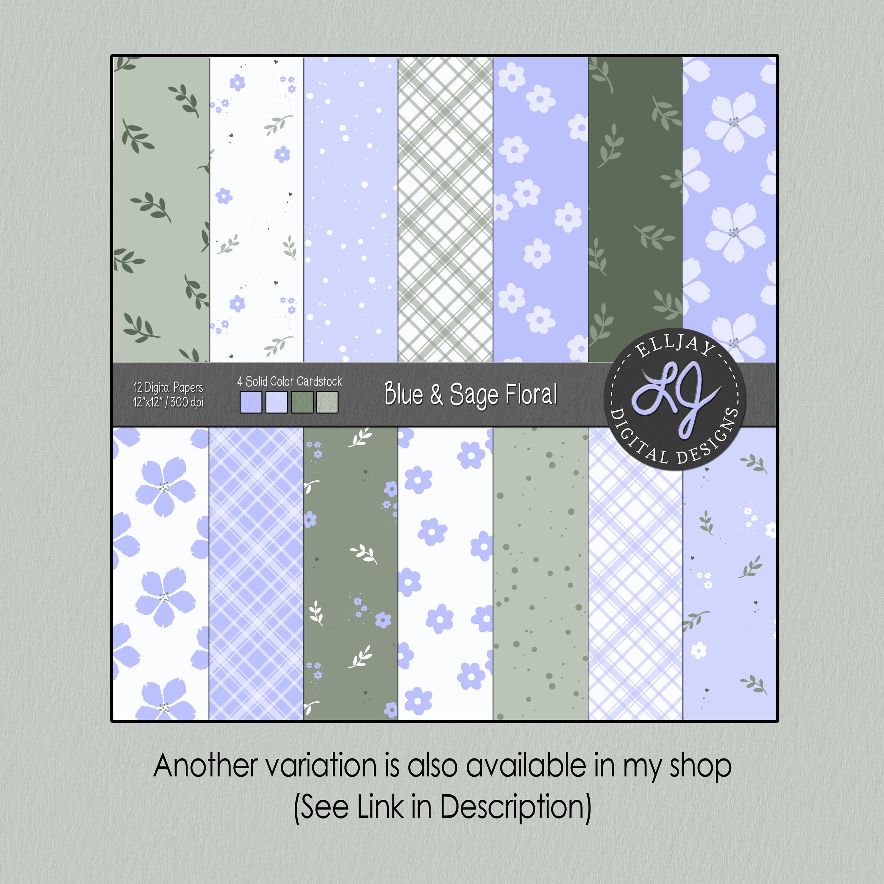 Pink & Sage Floral Digital Paper Pack: Scrapbook Patterns (12x12", 300 ...