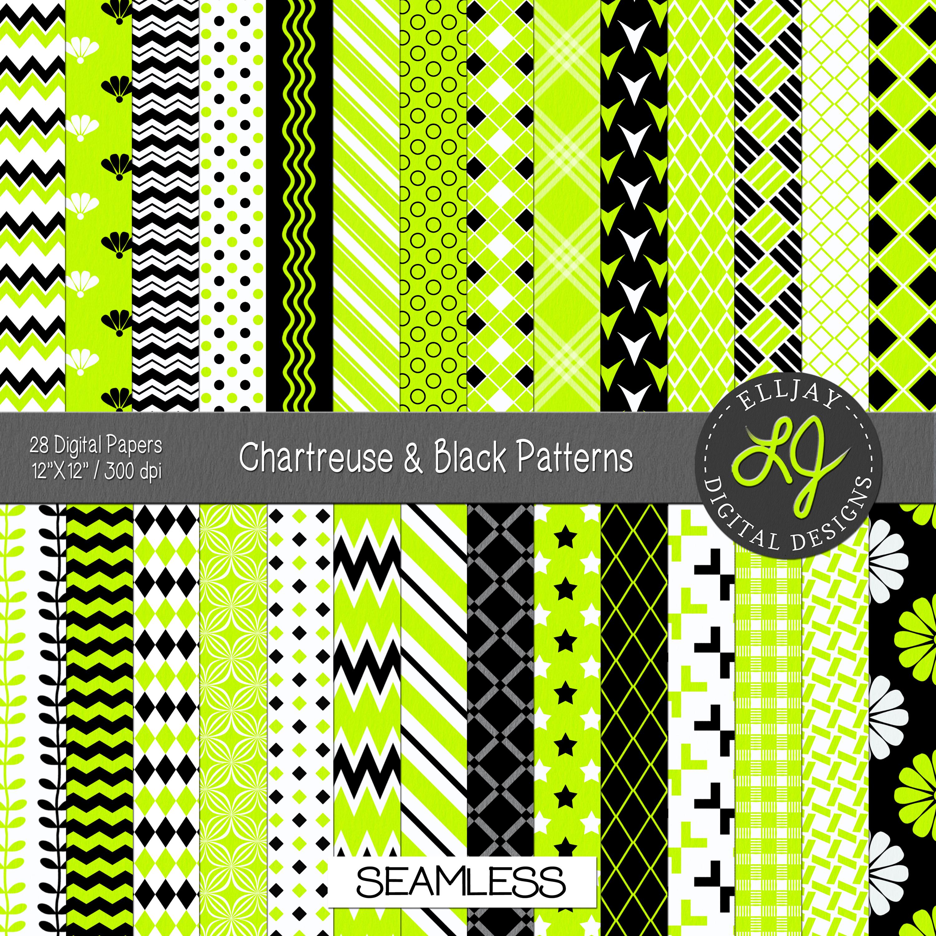 Chartreuse & Black Digital Paper Pack: Seamless Patterns (digital ...