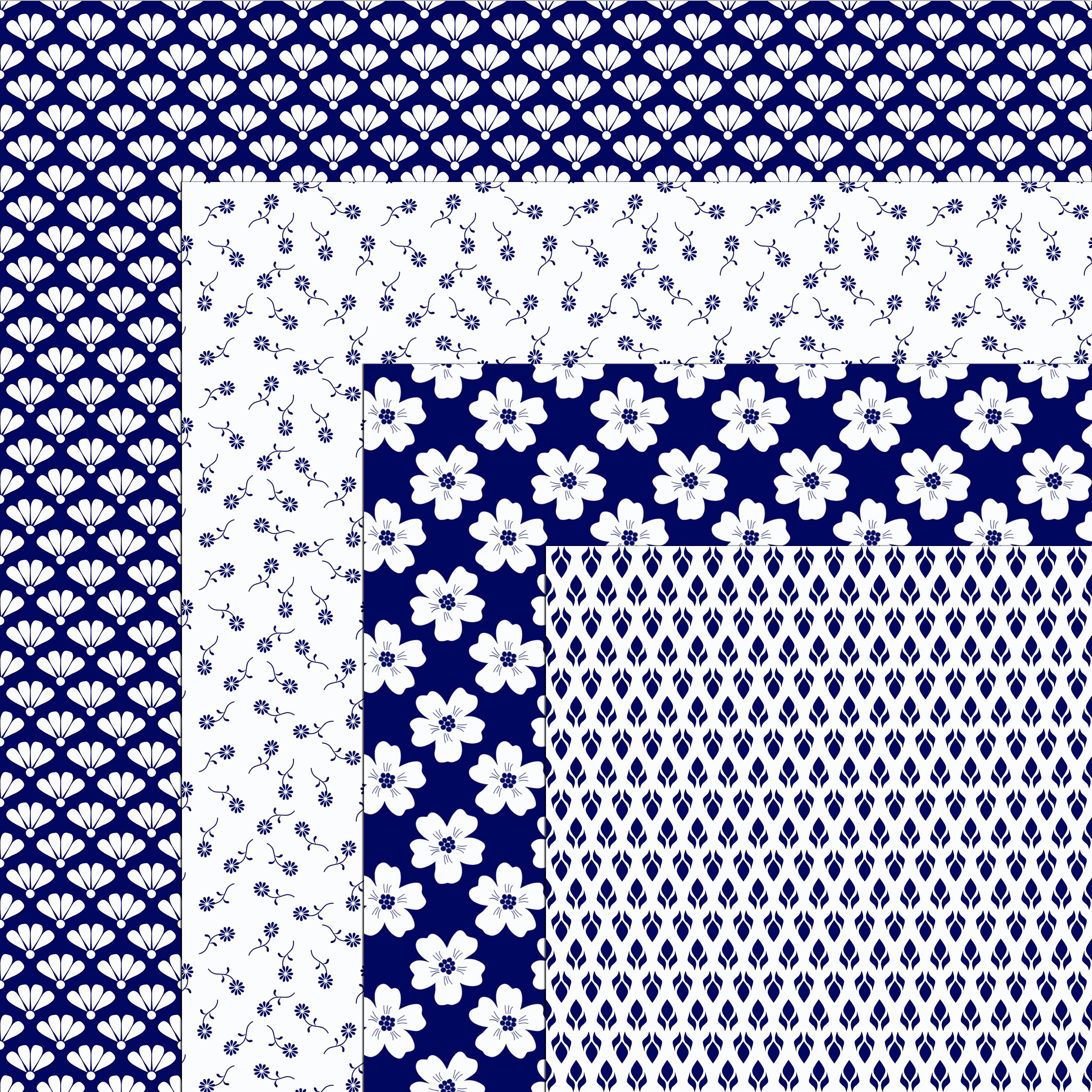 Navy Blue & White Floral Digital Paper Pack. 32 Blue Patterns. Floral ...