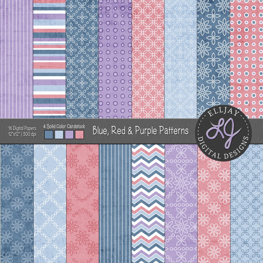 Blue, Purple & Red Digital Paper Pack. Printable Floral Patterns. Cards ...