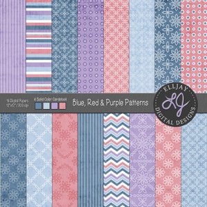Blue, Purple & Red Digital Paper Pack. Printable Floral Patterns. Cards ...