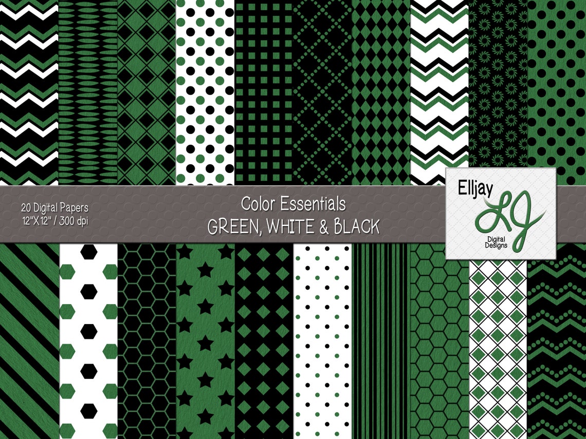 Black White and Green Digital Paper Pack. Patterns - Etsy