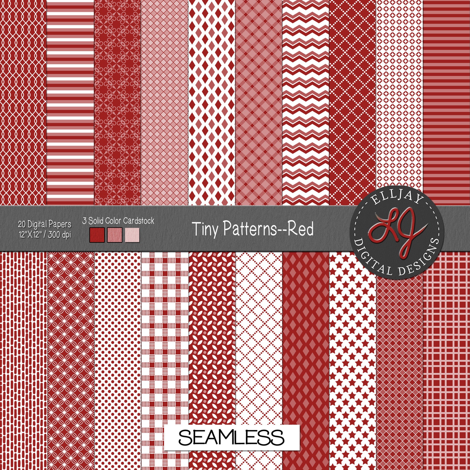 Red Digital Paper Pack With Small Patterns. Red Backgrounds. Red Card ...