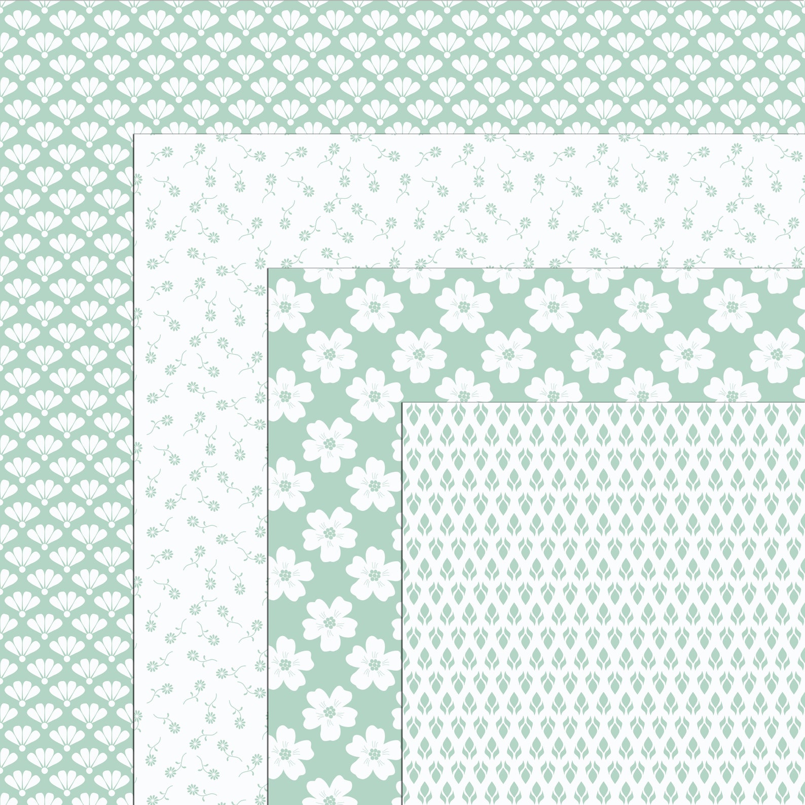 Mint Green Floral Digital Paper Pack. Seamless Mint Scrapbook. 32 Green ...
