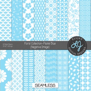 Pastel Blue Floral Digital Paper Pack. 32 Light Blue Pattern. Pastel ...
