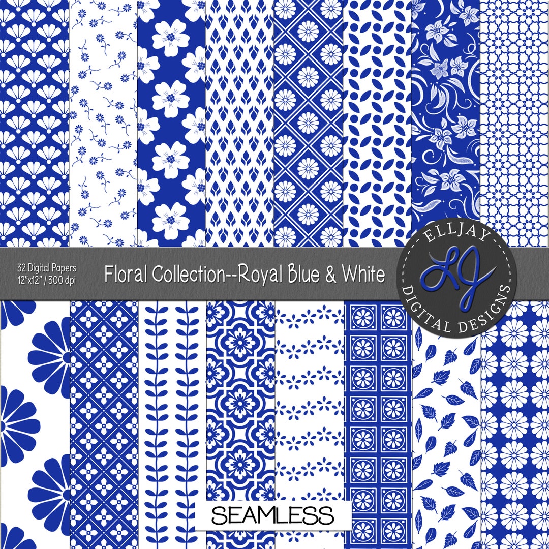 Royal Blue & White Floral Digital Paper Pack. 32 Blue and White ...