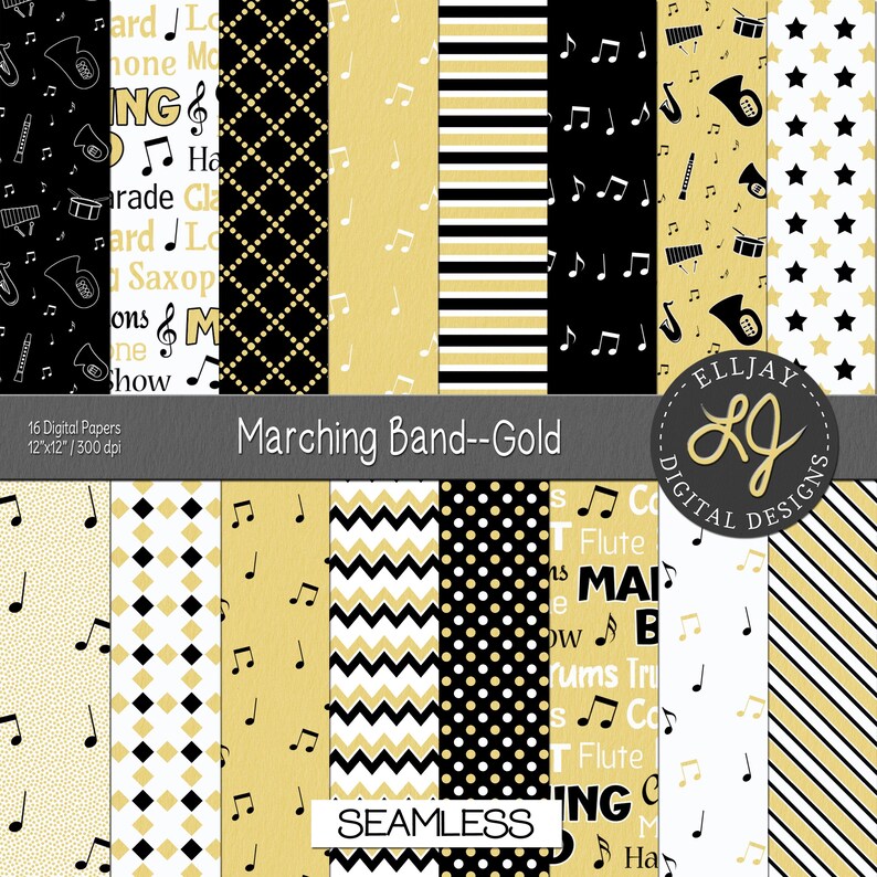 Gold Marching Band Digital Paper Pack. Seamless Band Scrapbook. Music ...