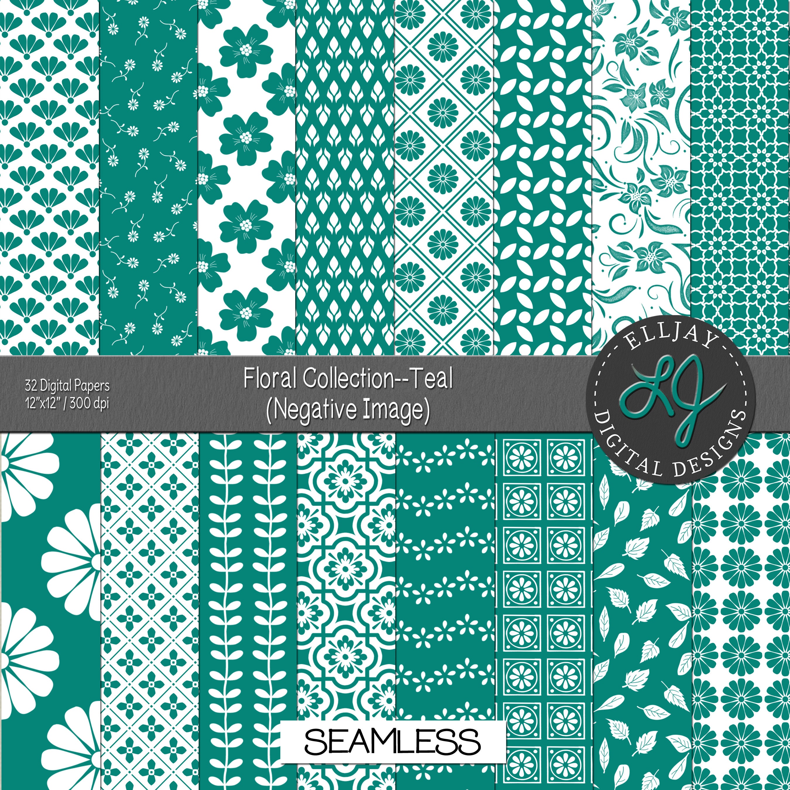 Teal Floral Digital Paper Pack. Teal Scrapbook Paper. Teal and White ...