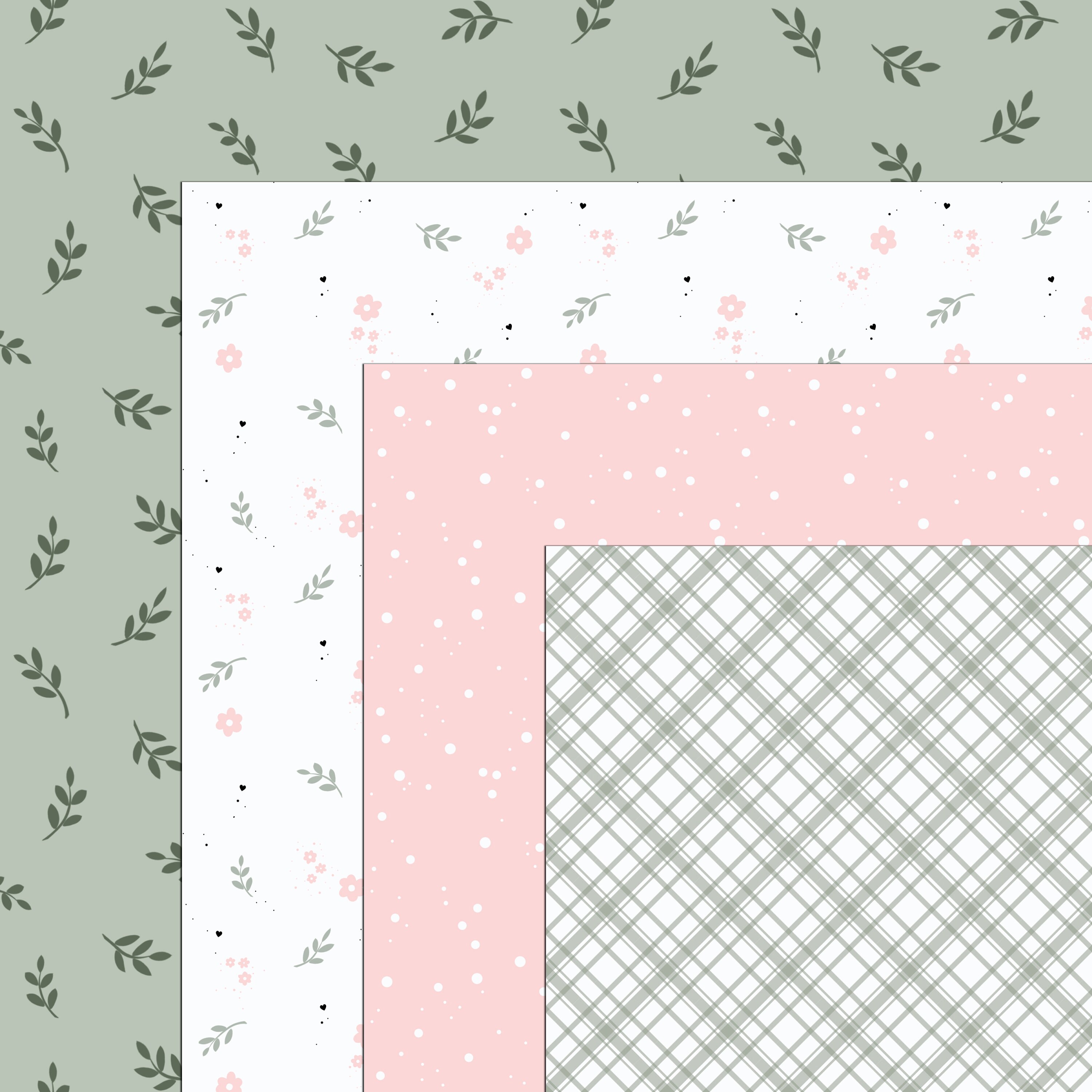 Pink & Sage Floral Digital Paper Pack: Scrapbook Patterns (12x12", 300 ...