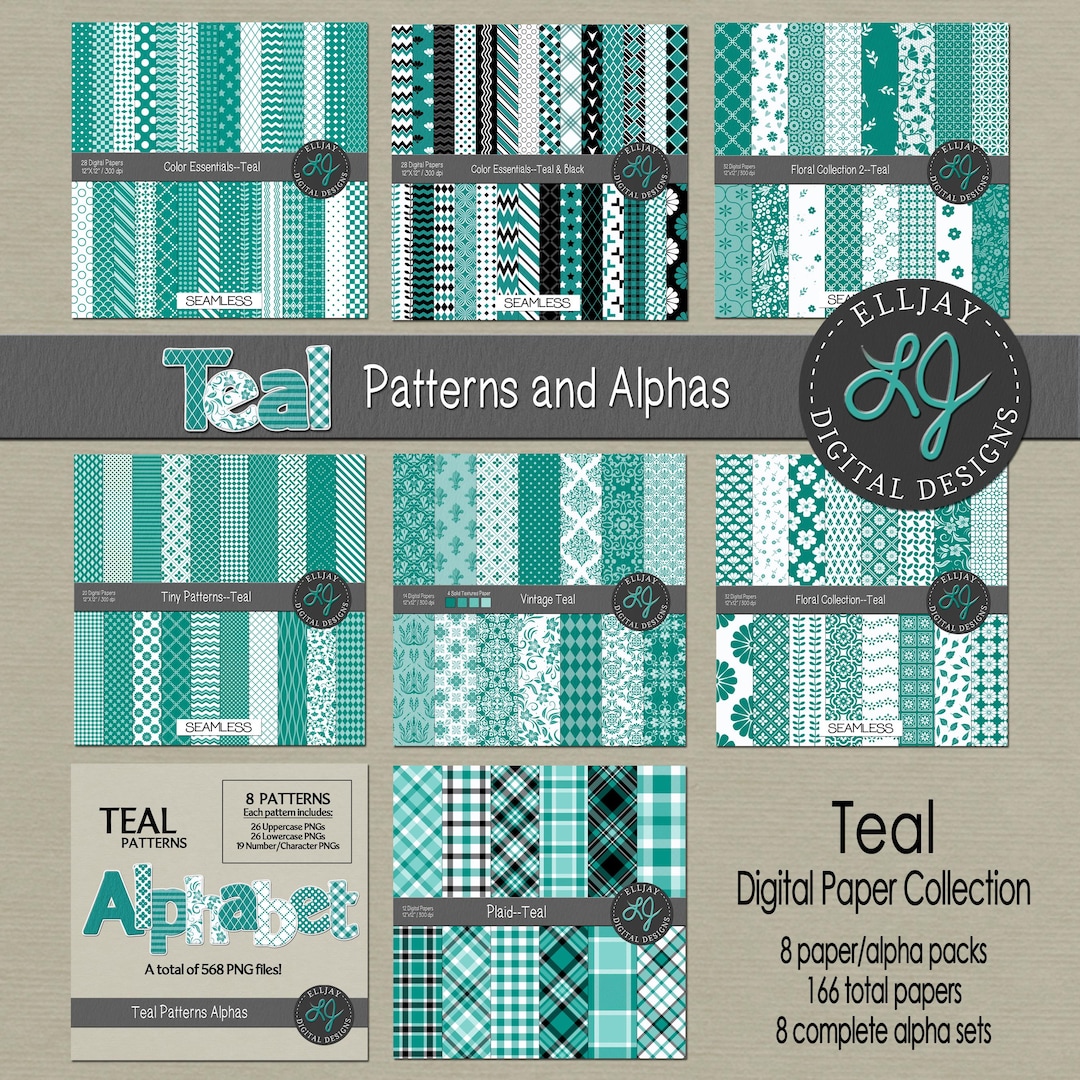 Teal Digital Paper Pack, Seamless Patterns and Alphas (digital Download ...