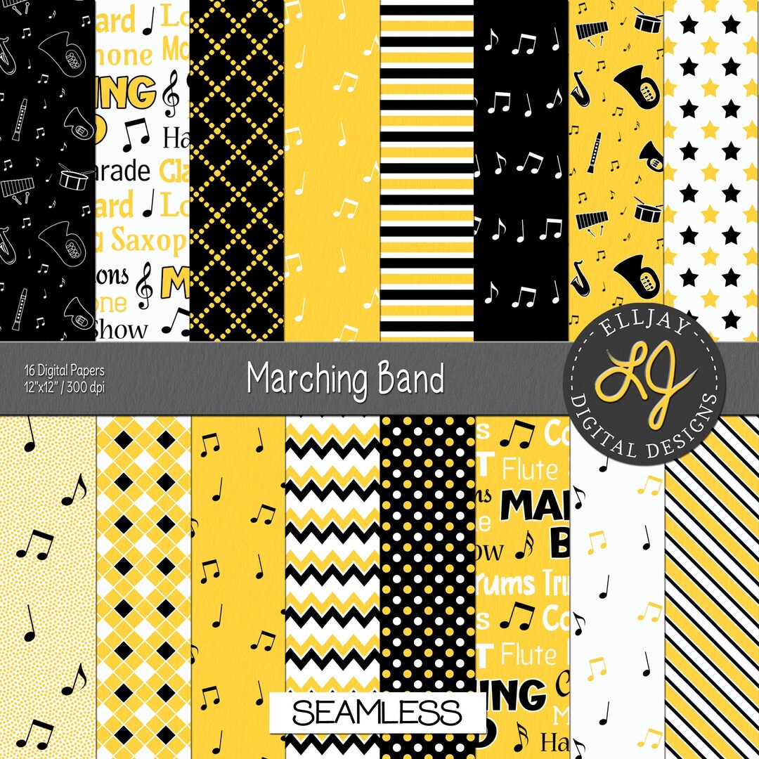 Yellow Marching Band Digital Paper Pack: Seamless Scrapbook (12x12 Inch ...