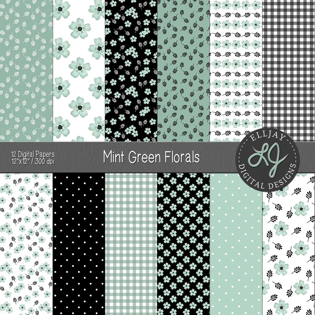 Mint Green Floral Digital Paper Pack With Seamless Pattern. for ...