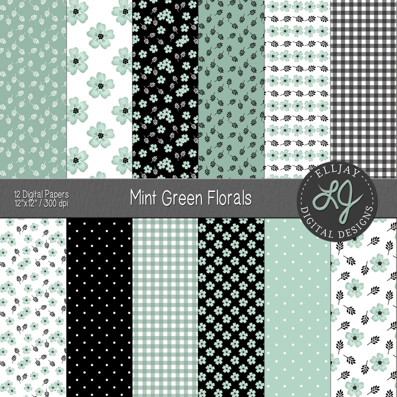 Mint Green Floral Digital Paper Pack: Seamless Patterns (digital ...