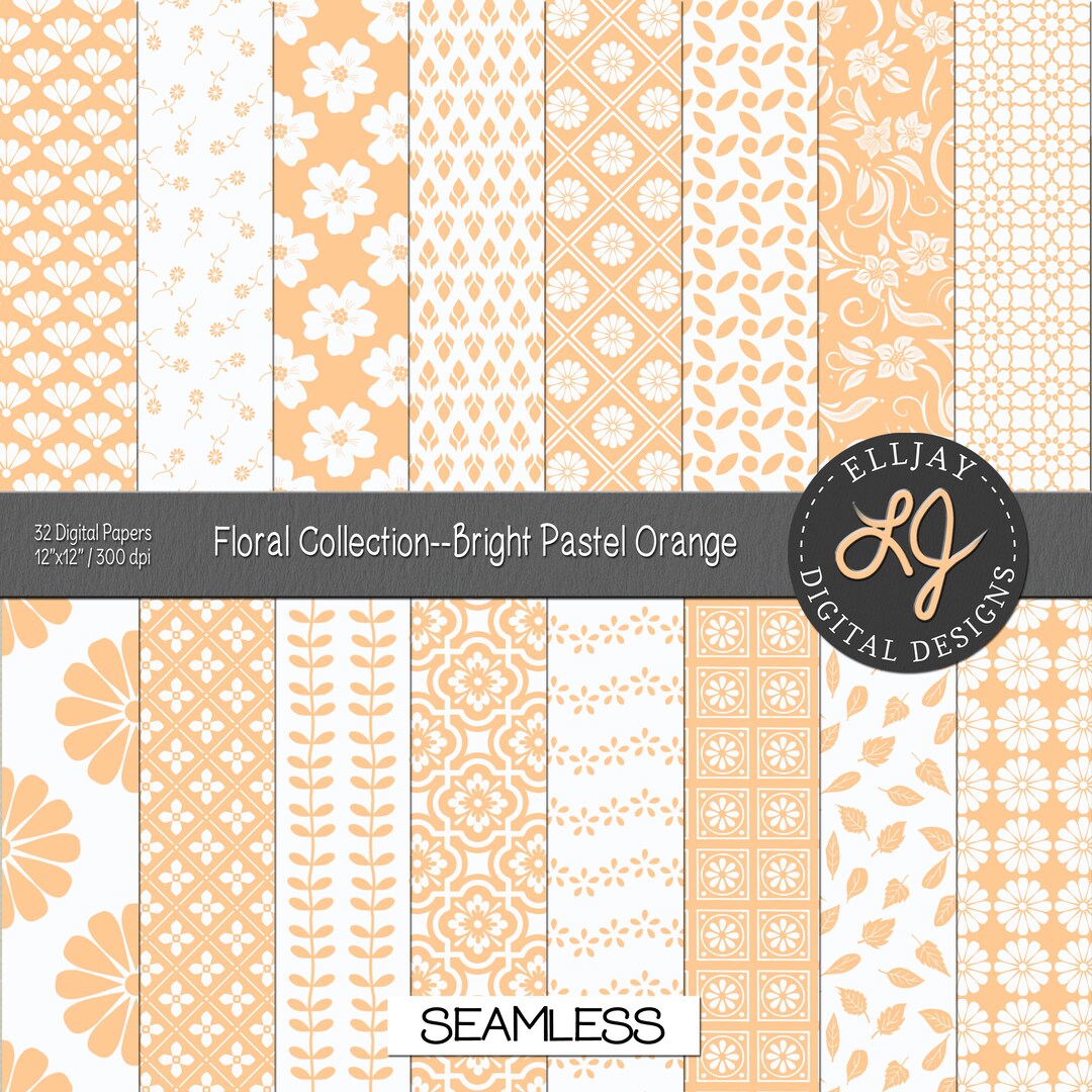 Bright Pastel Orange Floral Digital Paper Pack. 32 Pastel Orange ...