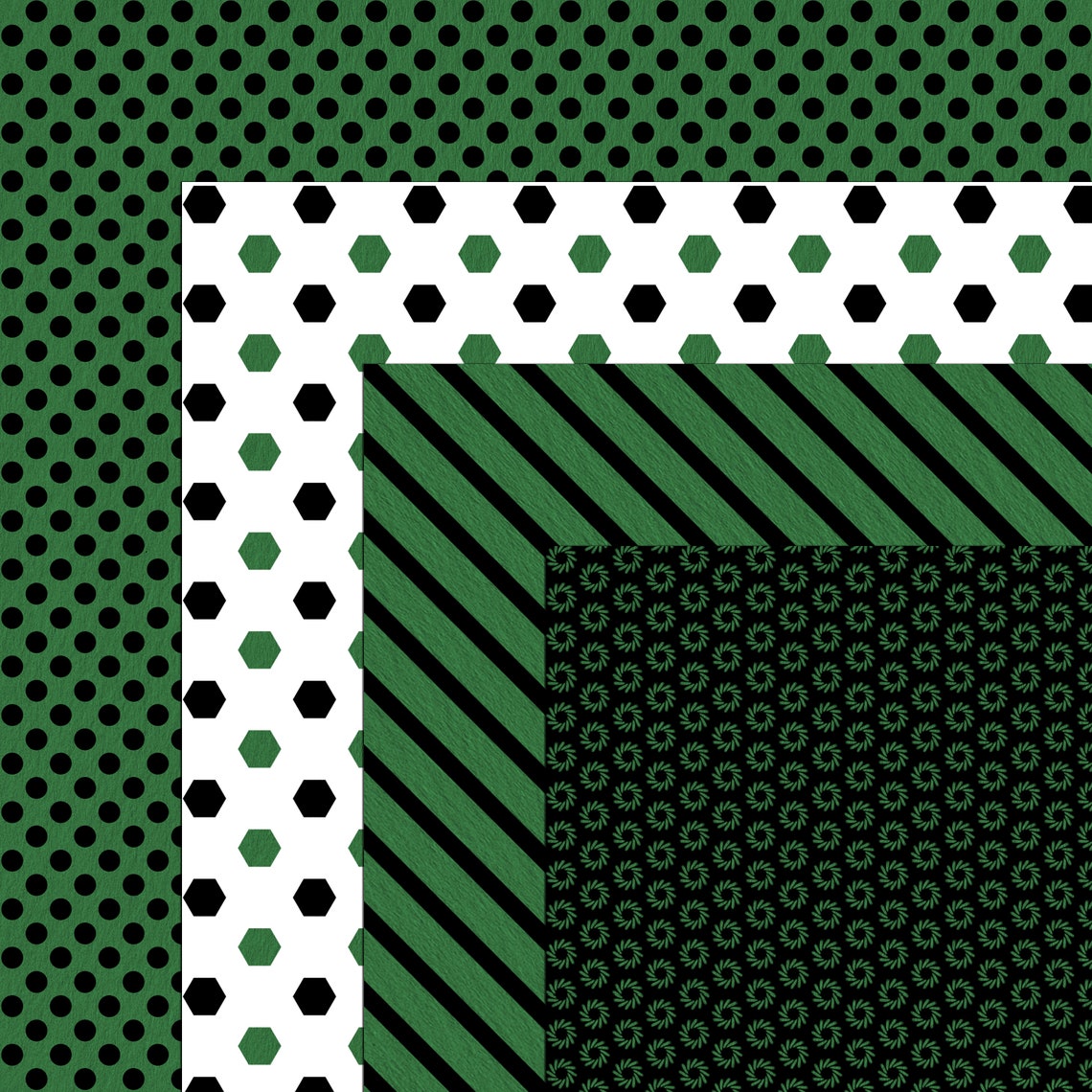 Black, White and Green Digital Paper Pack. Patterns, Backgrounds, for ...