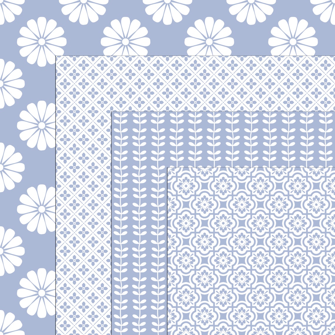 Light Blue & White Floral Digital Paper Pack. 32 Light Blue White ...