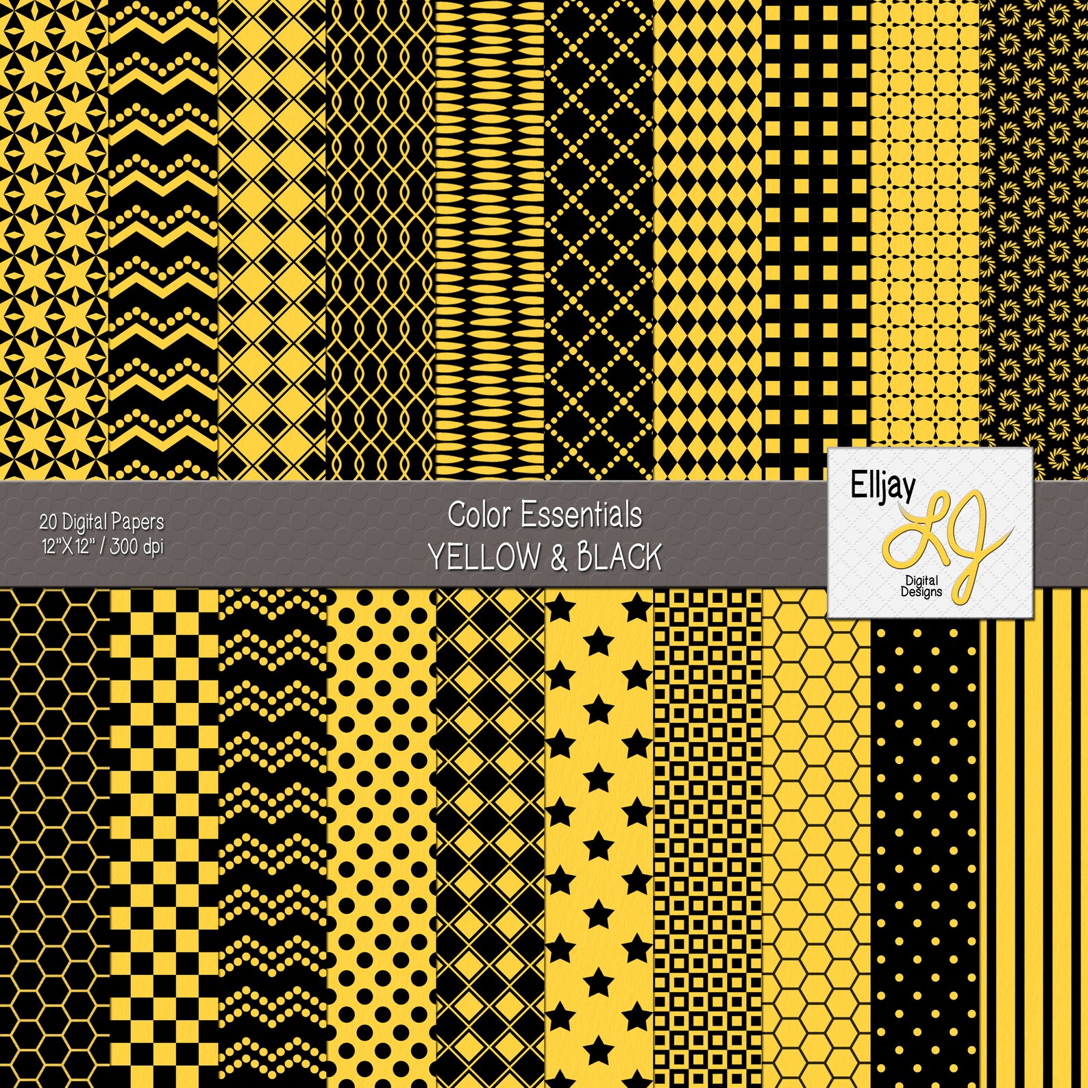 Black and Yellow Digital Paper Kit for Scrapbooking, Card Making ...