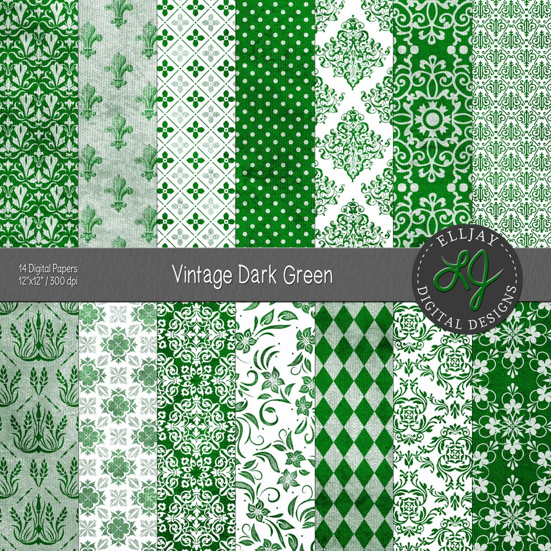 Vintage Dark Green Digital Paper Pack. Scrapbook, Cards, Crafts ...