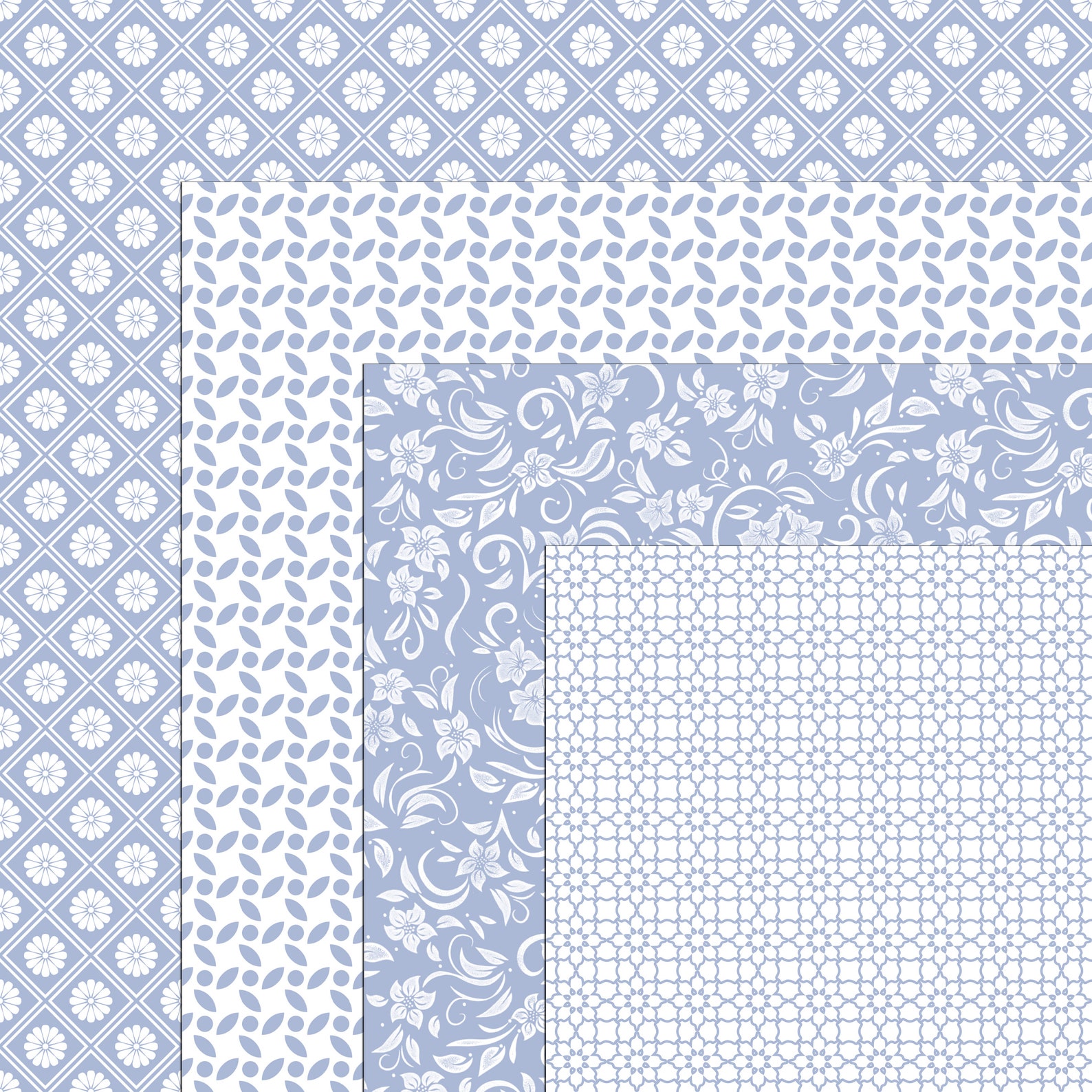 Light Blue & White Floral Digital Paper Pack. 32 Light Blue White ...
