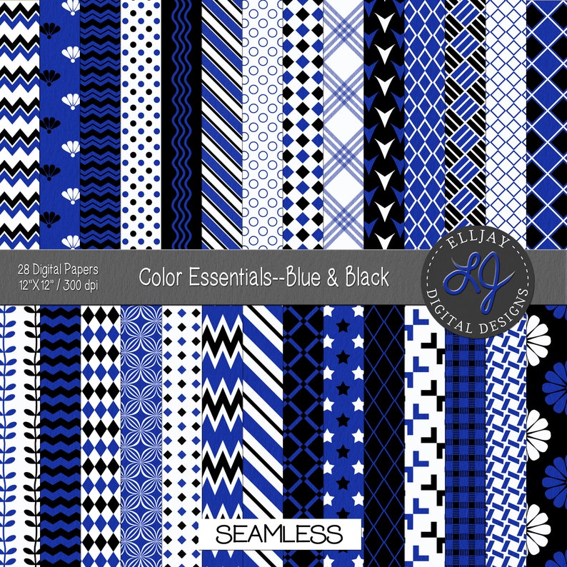 Royal Blue & Black Digital Paper Pack. Seamless Royal Blue Backgrounds ...