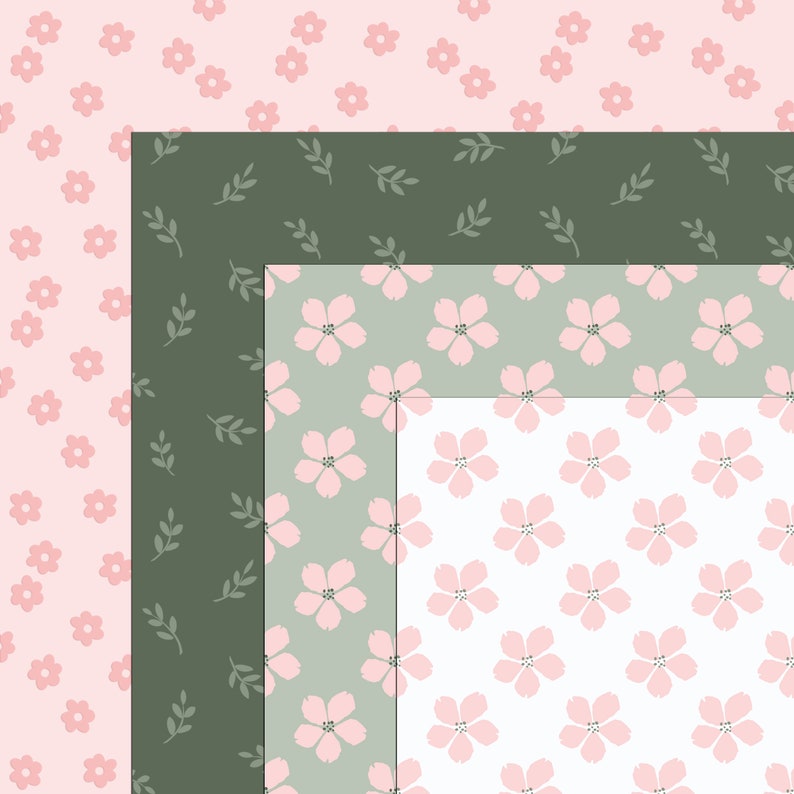 Pink & Sage Floral Digital Paper Pack: Scrapbook Patterns (12x12", 300 ...