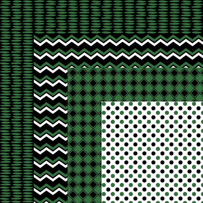 Black, White and Green Digital Paper Pack. Patterns, Backgrounds, for ...