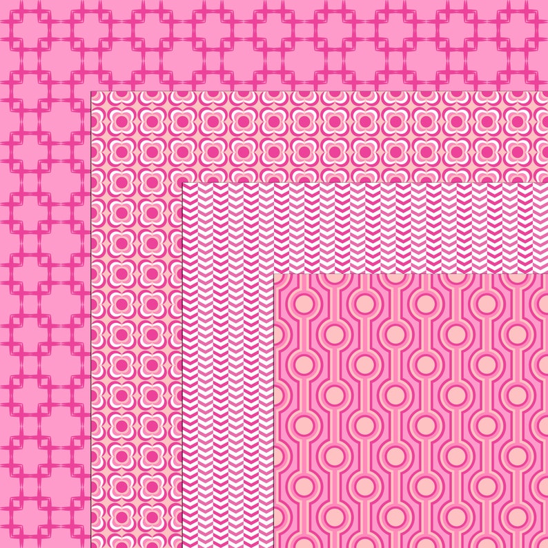 Pink Retro Digital Paper Pack. Retro Patterns in Shades of Pink. Pink ...