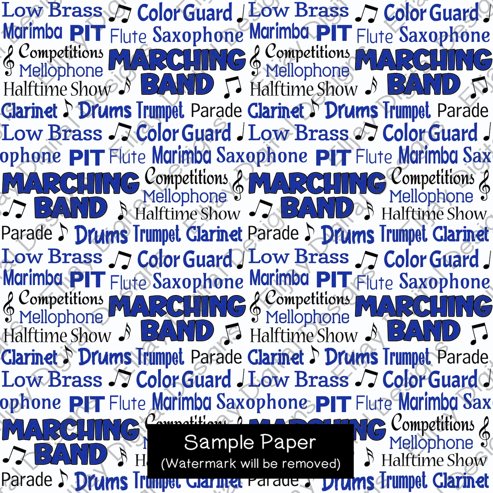 Blue Marching Band Paper Pack: Music Notes, Instruments (digital ...