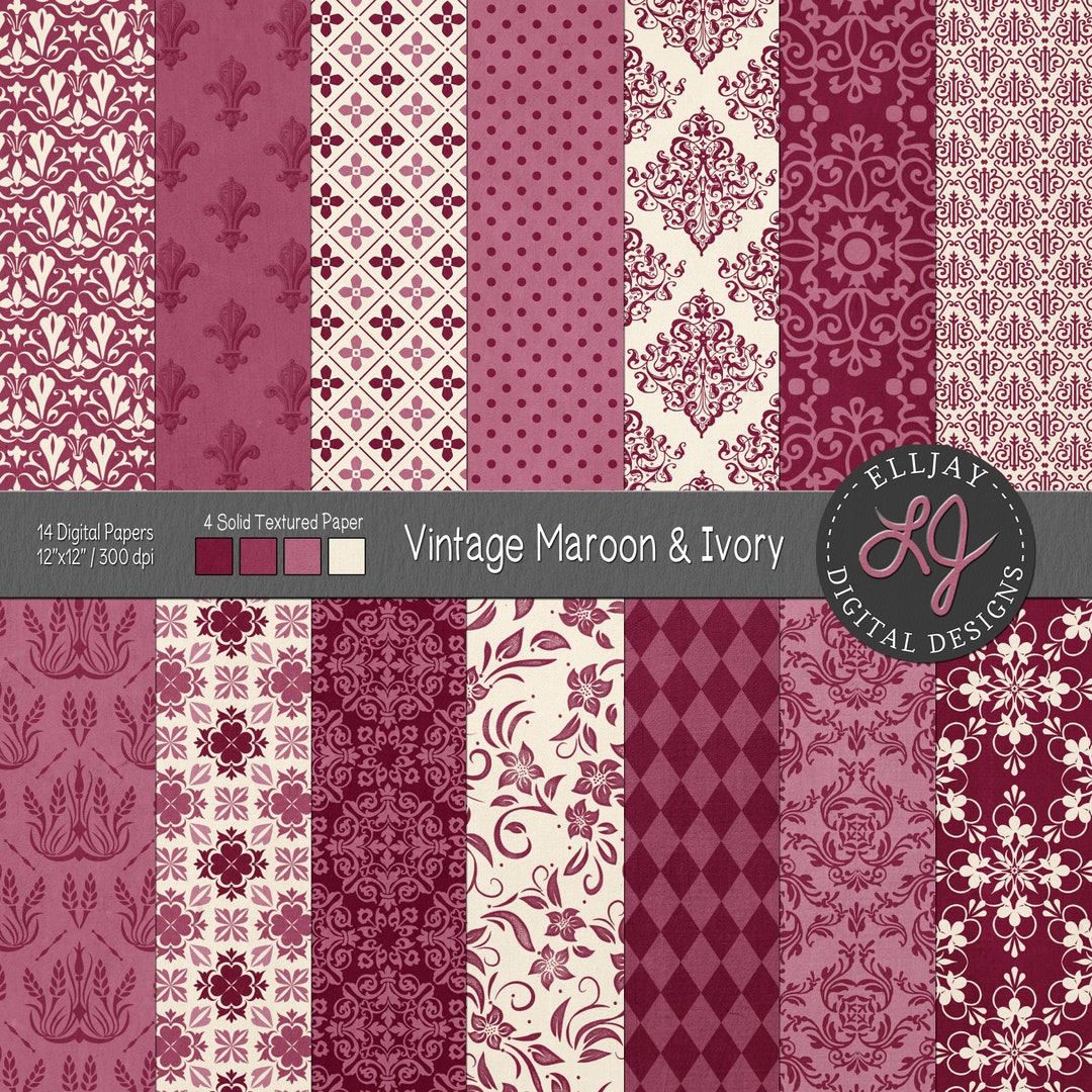 Vintage Maroon & Ivory Digital Paper Pack: Floral Damask (digital ...