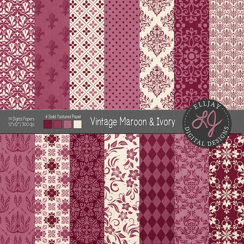 Vintage Maroon & Ivory Digital Paper Pack: Floral Damask (digital ...