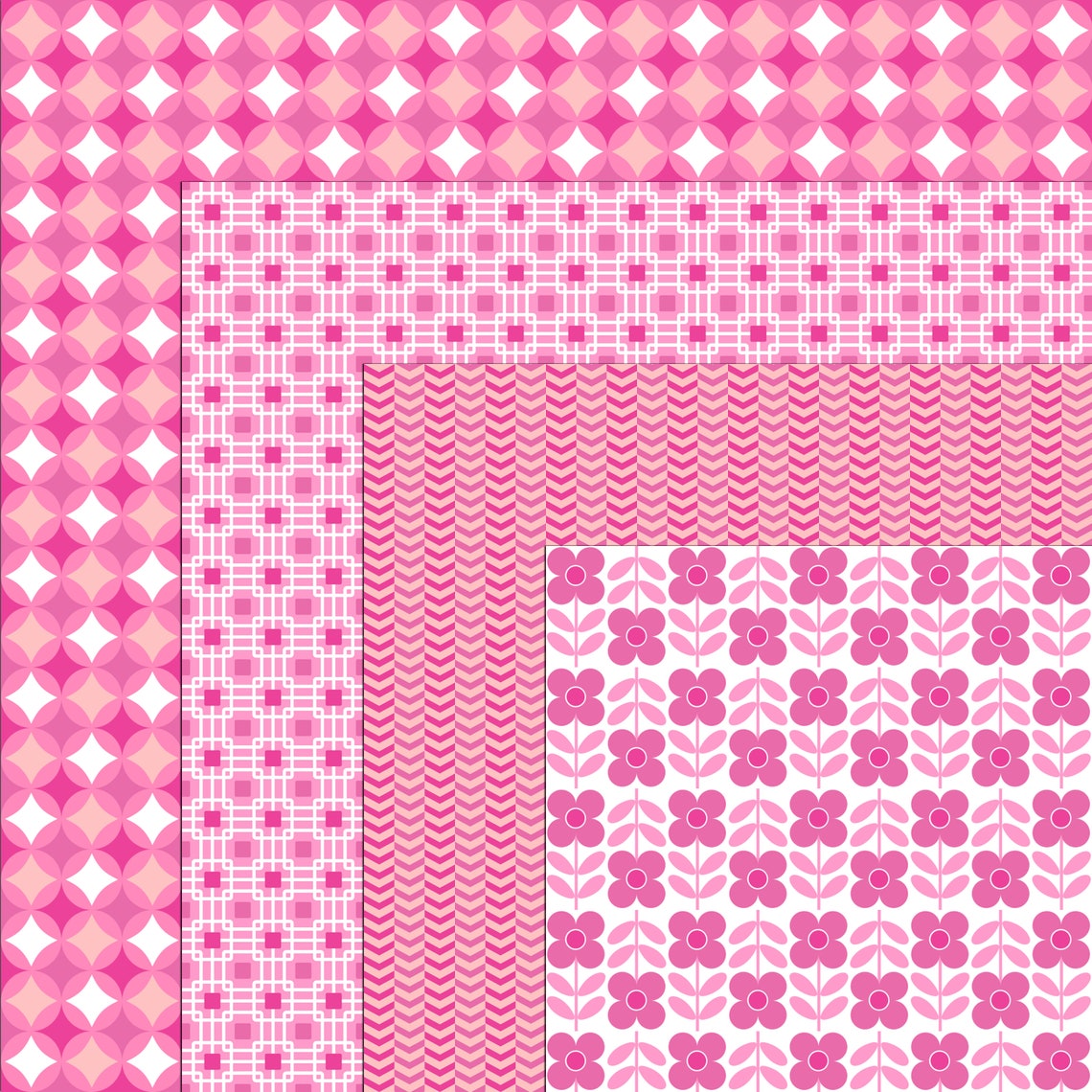 Pink Retro Digital Paper Pack. Retro Patterns in Shades of Pink. Pink ...