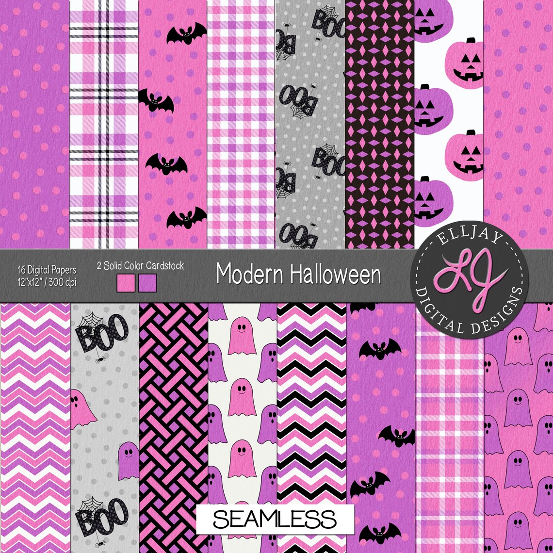 Pink Purple Halloween Digital Paper Pack. Ghost Bats Pumpkin Pattern ...