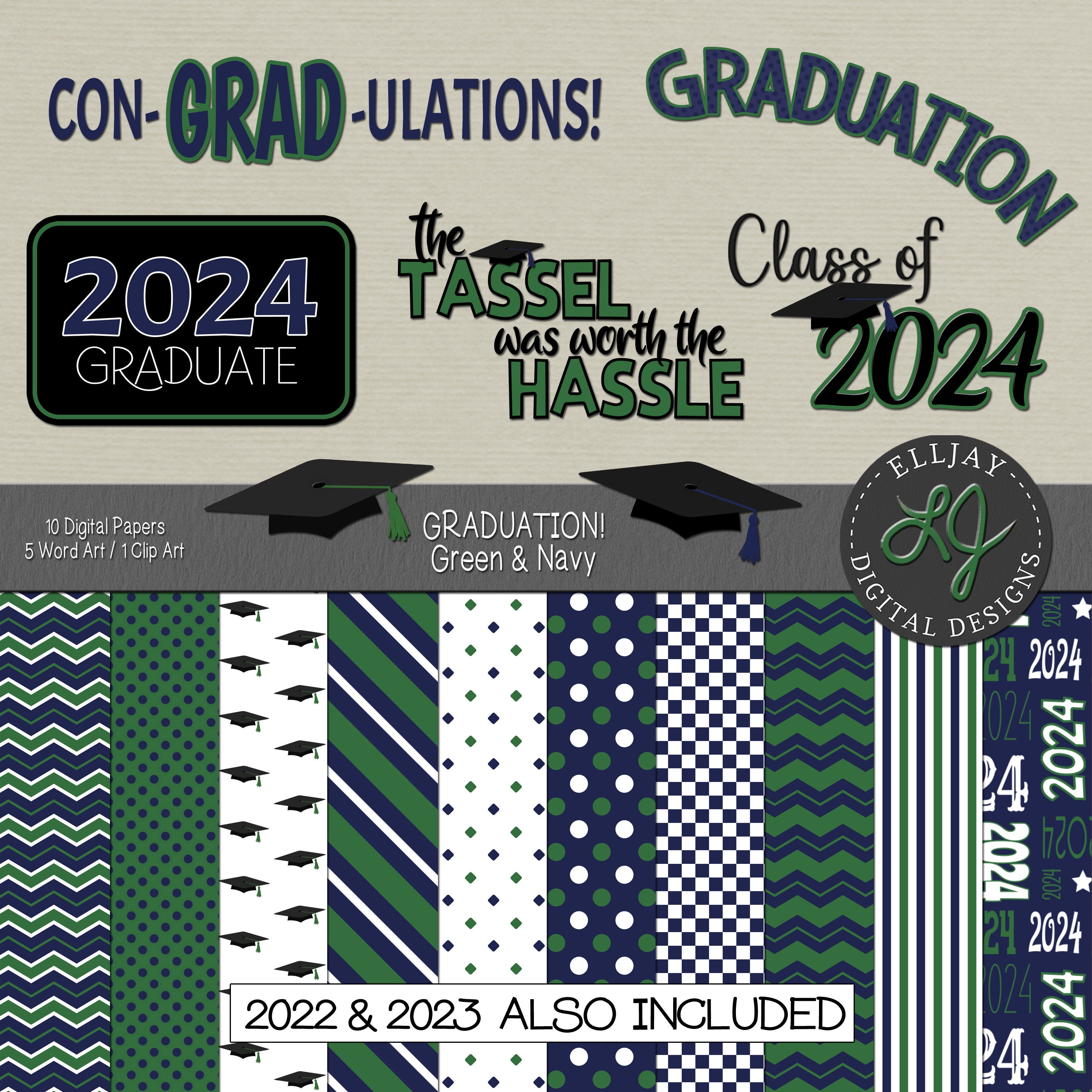 Green and Navy 2024 Graduation Digital Paper W/graduation Word Art ...