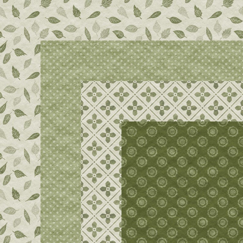 Paquete de papel digital verde salvia: Floral, vichy y hojas (descarga ...