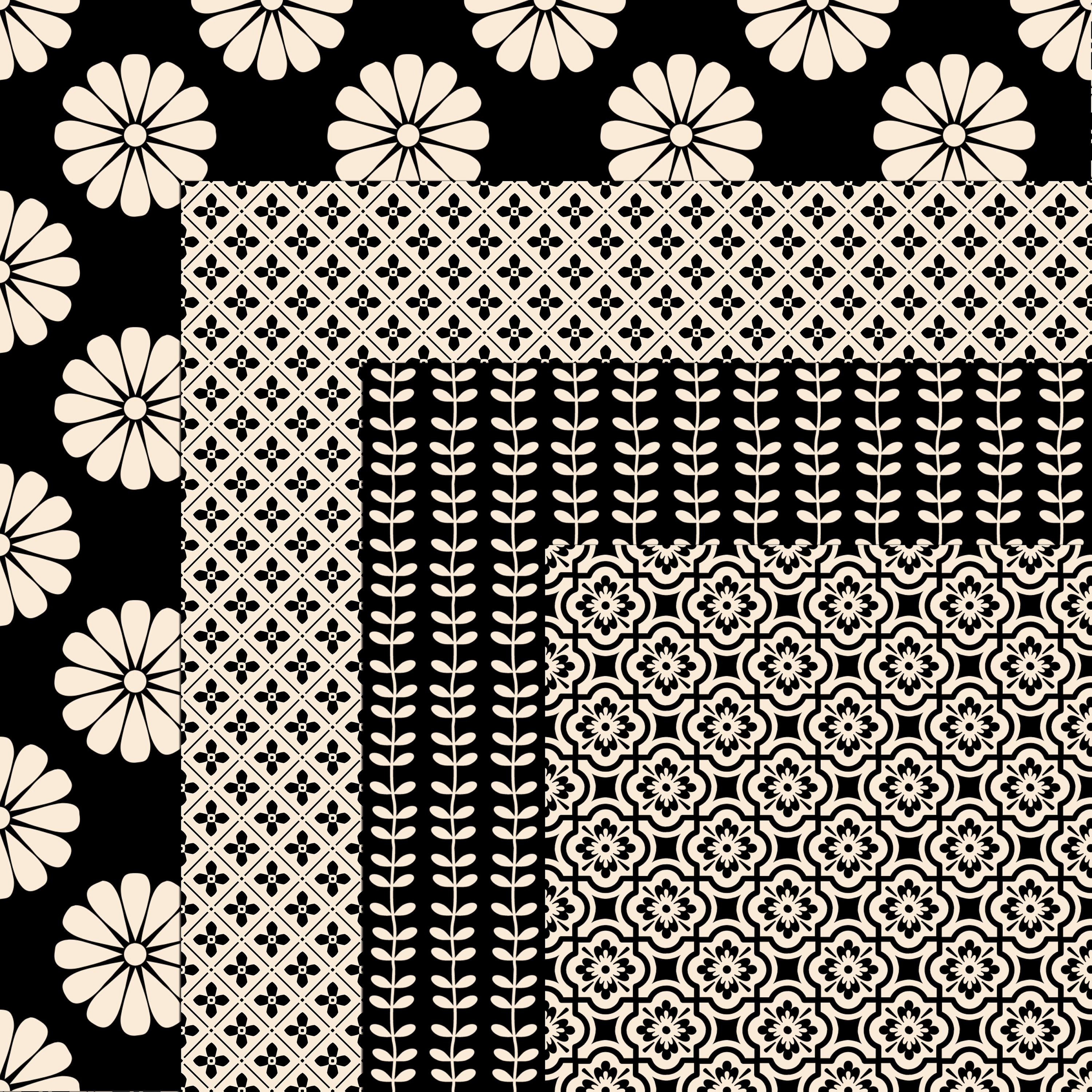 Black & Cream Floral Digital Paper Pack. Black and Antique White Floral ...
