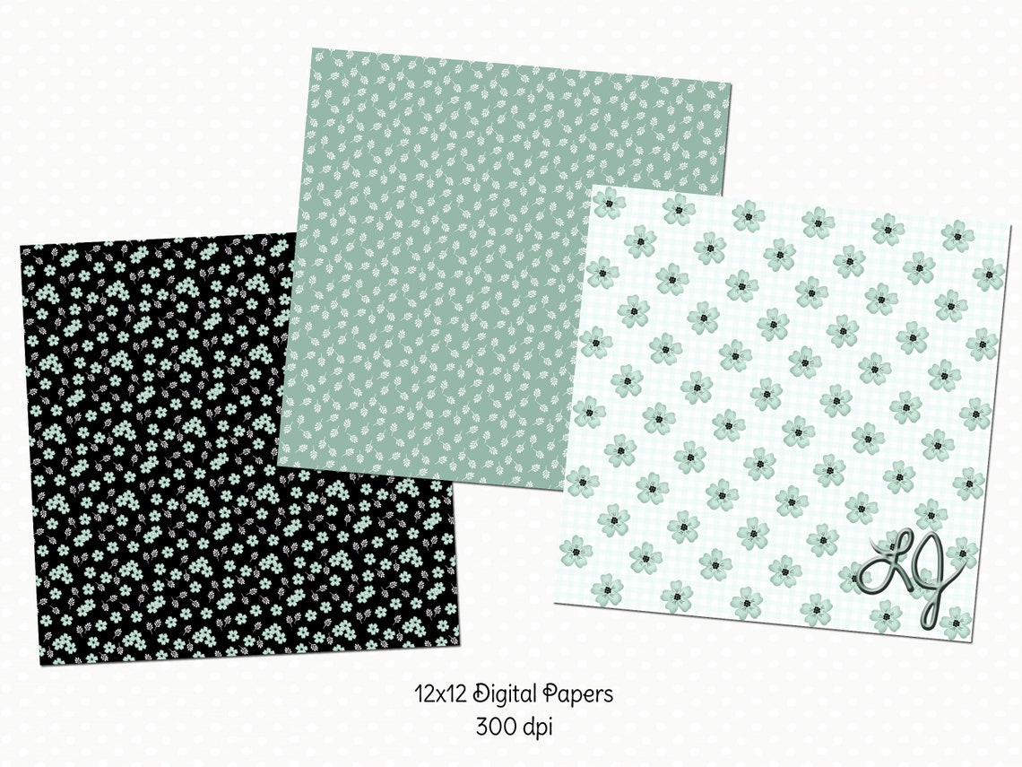 Mint Green Floral Digital Paper Pack With Seamless Pattern. for ...