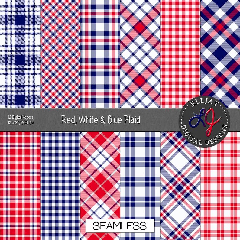 Red White Blue Plaid Digital Paper Pack. Patriotic Digital Scrapbook ...